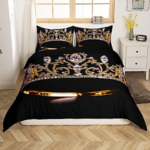 Erosebridal Gold Crown Bedding Set Queen Size Diamonds Duvet Cover Set for Lady Boys Teens,Luxurious Comforter Cover Set Gorgeous Crown Quilt Cover Soft Cozy Luxury Bedroom Decor Black