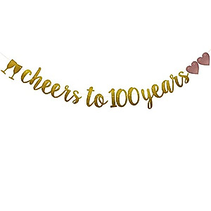 Cheers to 100 Years Banner, Pre-Strung, Gold Glitter Paper Garlands for 100th Birthday / Wedding Anniversary Party Decorations Supplies, No Assembly Required,(Gold)SUNbetterland