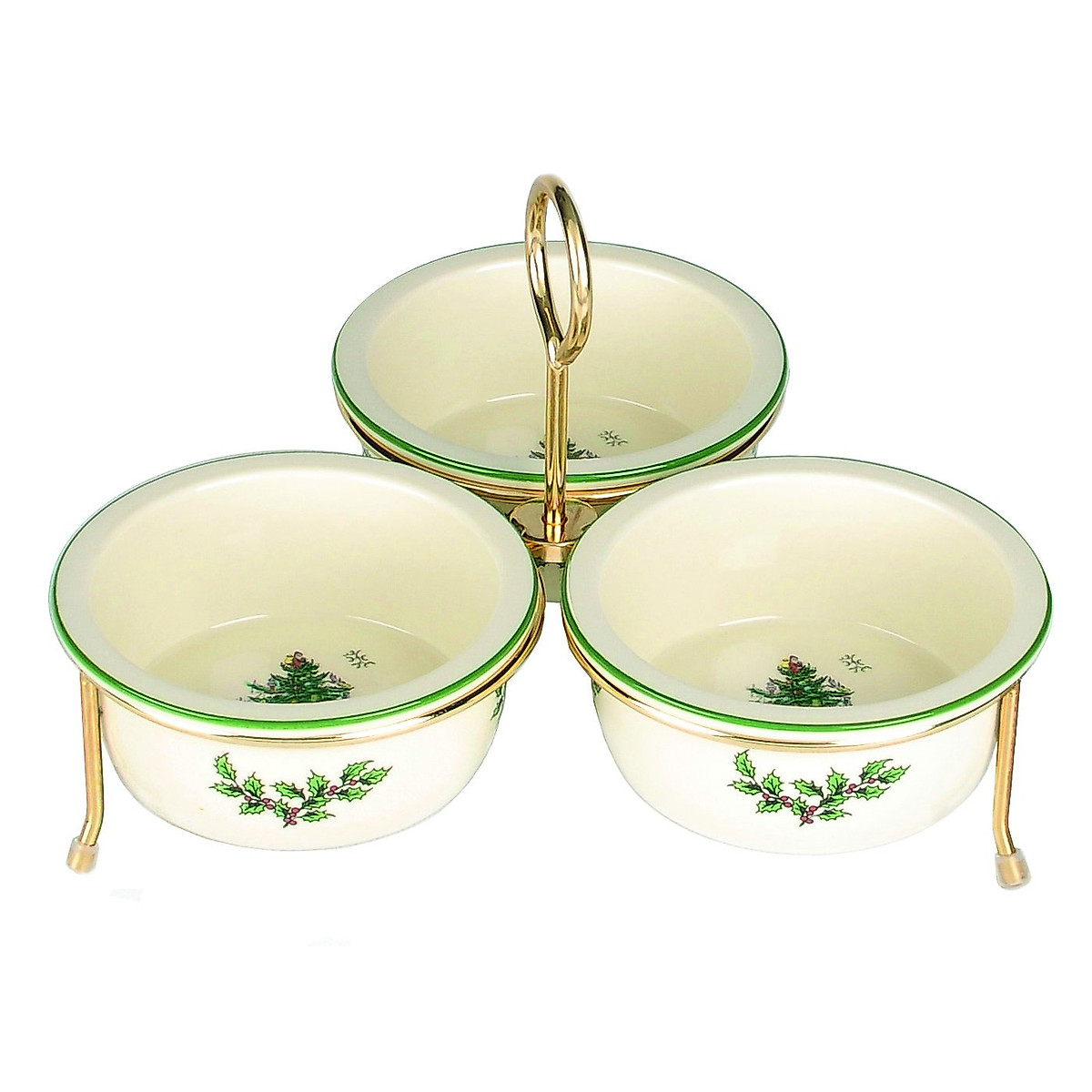 Spode Christmas Tree 3 Bowl Set With Gold Metal Stand, Green