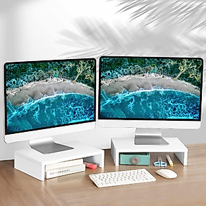 TEAMIX White Monitor Stand Riser-2 Pack,Wood 2 Tier Adjustable Dual Monitor Riser for 2 Monitors/Laptop/PC Computer Stand for Desk