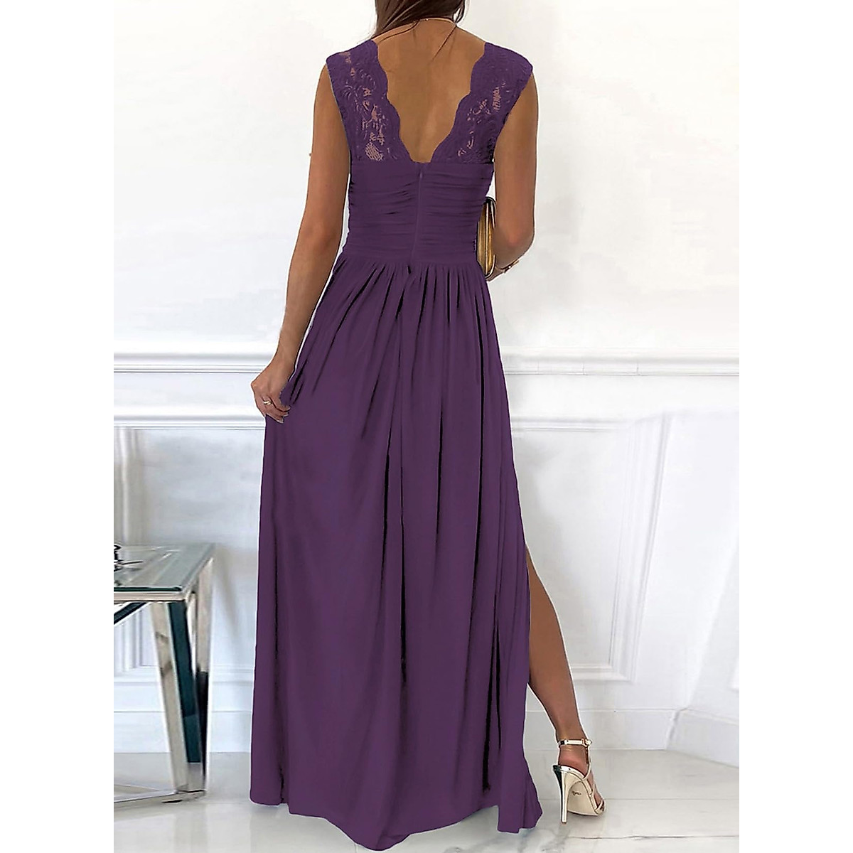Dokotoo Womens Ladies Elegant Floor Length A Line Wrap Deep V Neck Backless Ruched Pleated Ruffled Split Long Maxi Formal Evening Party Prom Dress Bridesmaid Wedding Guest Dresses for Women Purple L