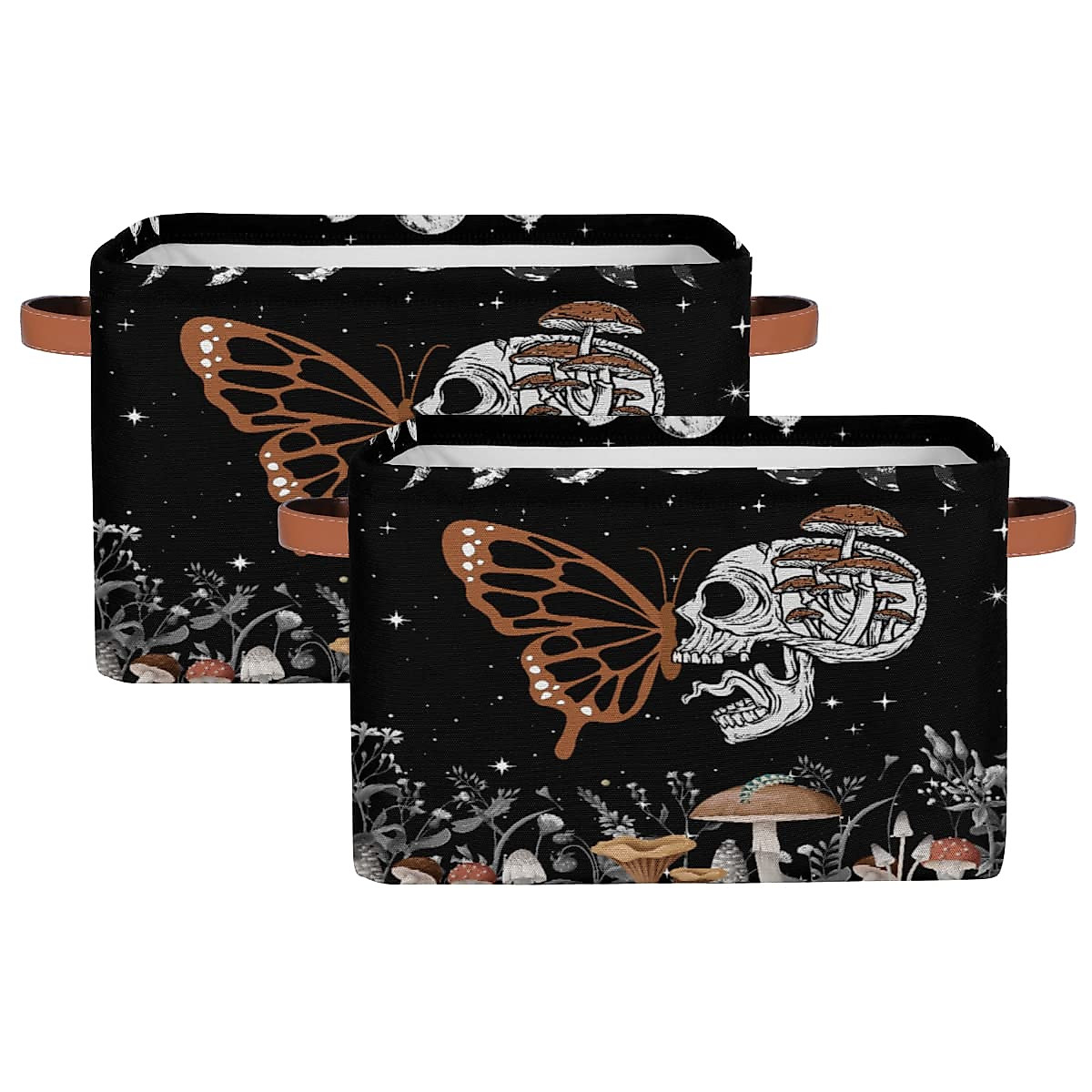 OMFUNS Skull Butterfly Storage Basket, Mushroom Star Foldable Storage Bin with Handle Fabric Rectangular Storage Box Organizer for Closet Shelf Home Office Nursery Toy Basket, 1 Pack