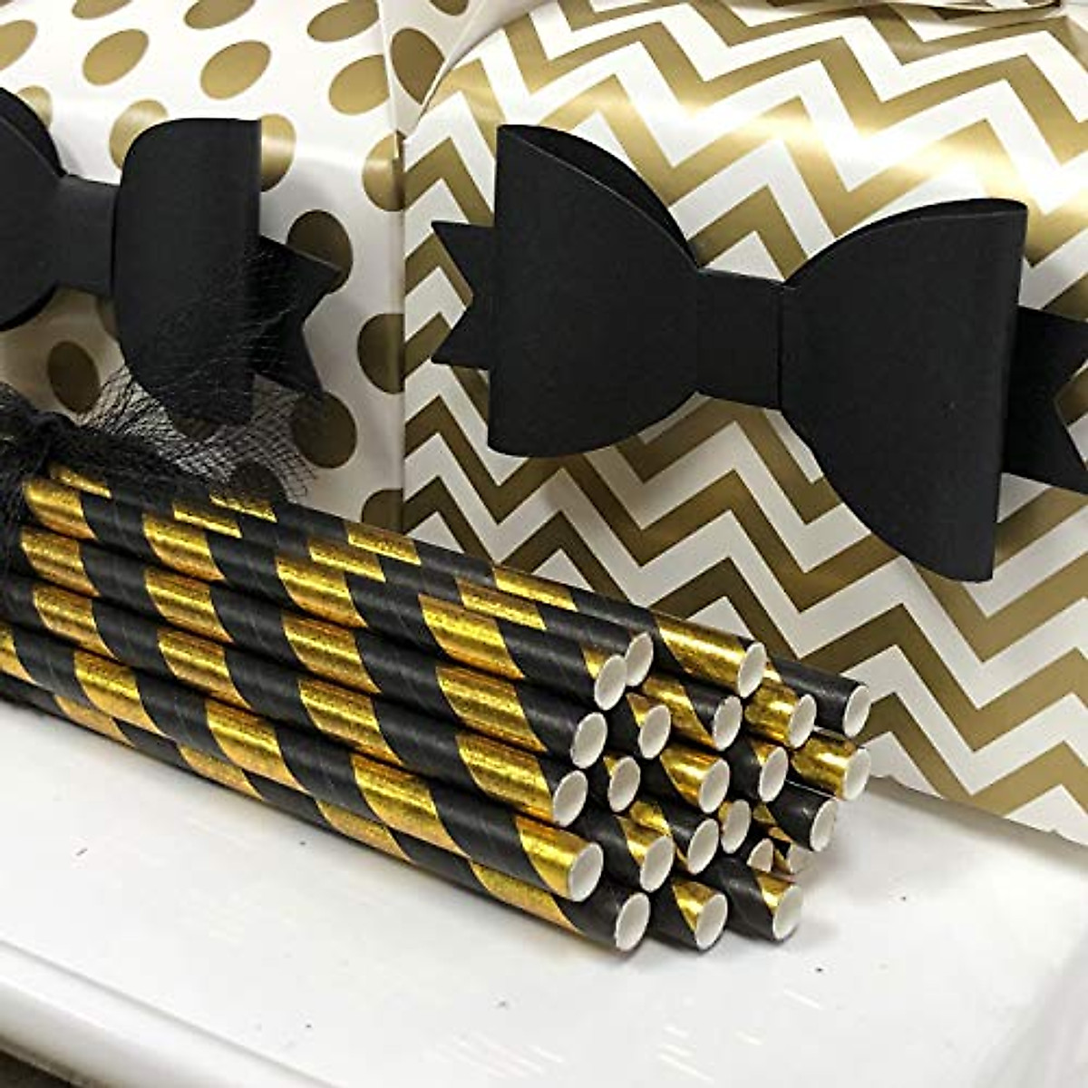 Black and Gold Foil Paper Straws - Striped - 7.75 Inches - 100 Pack Outside the Box Papers Brand