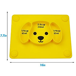 Qshare Toddler Plate, Portable Baby Plates for Toddlers and Kids, BPA-Free Strong Suction Plates for Toddlers, Dishwasher & Microwave Safe Silicone Placemat 11x8x1 inch (3Puppy-Yellow)
