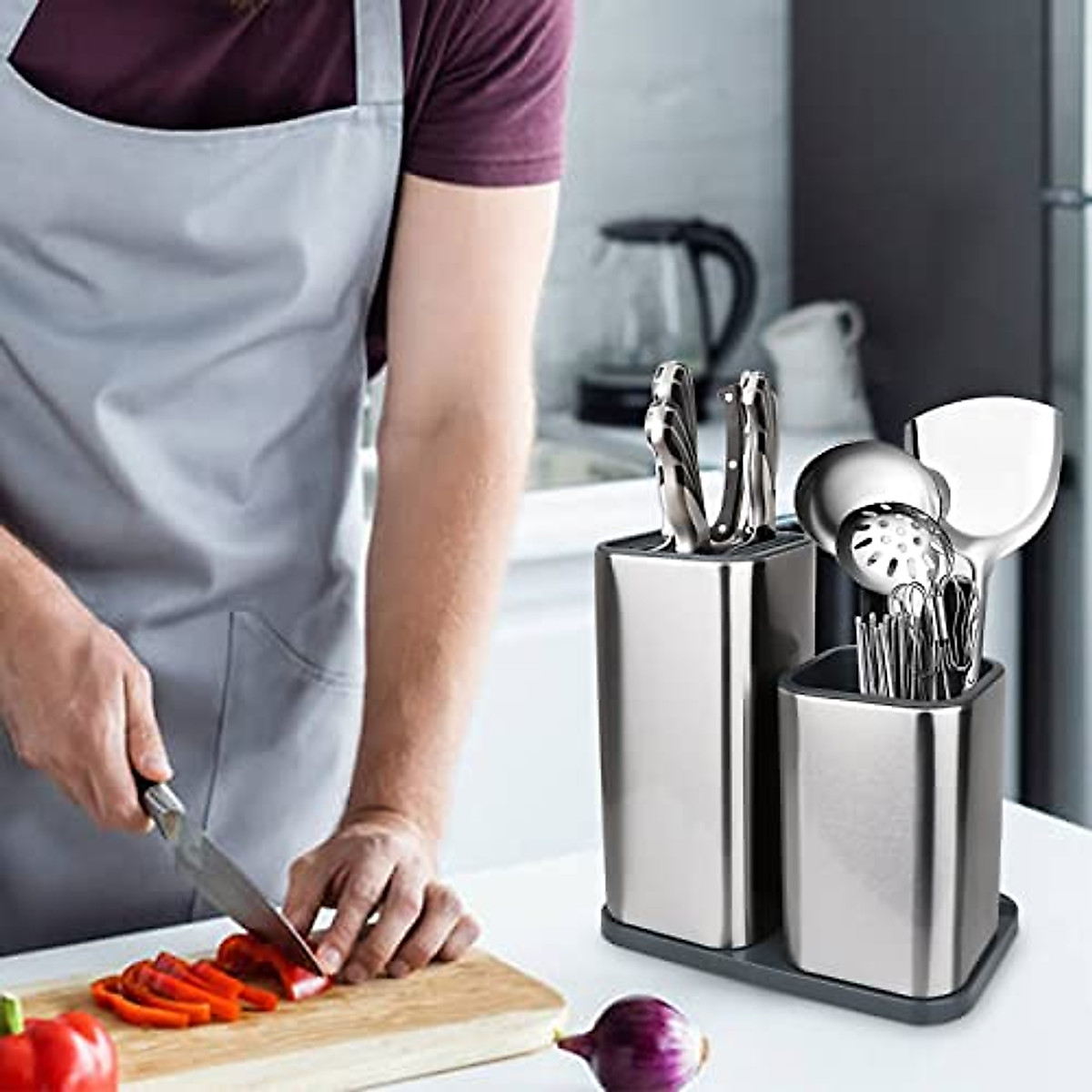 Stainless Steel Universal Knife Holder Block, Yimerlen Knife Holder Storage Multi-functional, Kitchen Knife Storage Utensils Organizer for Countertop (with Cleaning Brush)