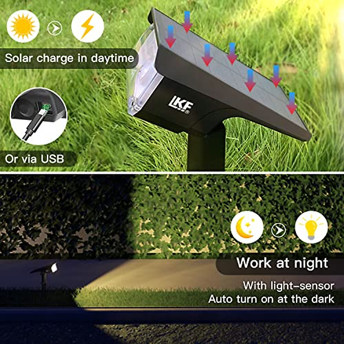 LKF Solar Spotlights Outdoor, USB & Solar Powered Landscape Spotlights, IP65 Waterproof Wall Lights Auto On/Off, 40LEDs Garden Lights for Yard Backyard Walkway Driveway Patio, 6 Pack