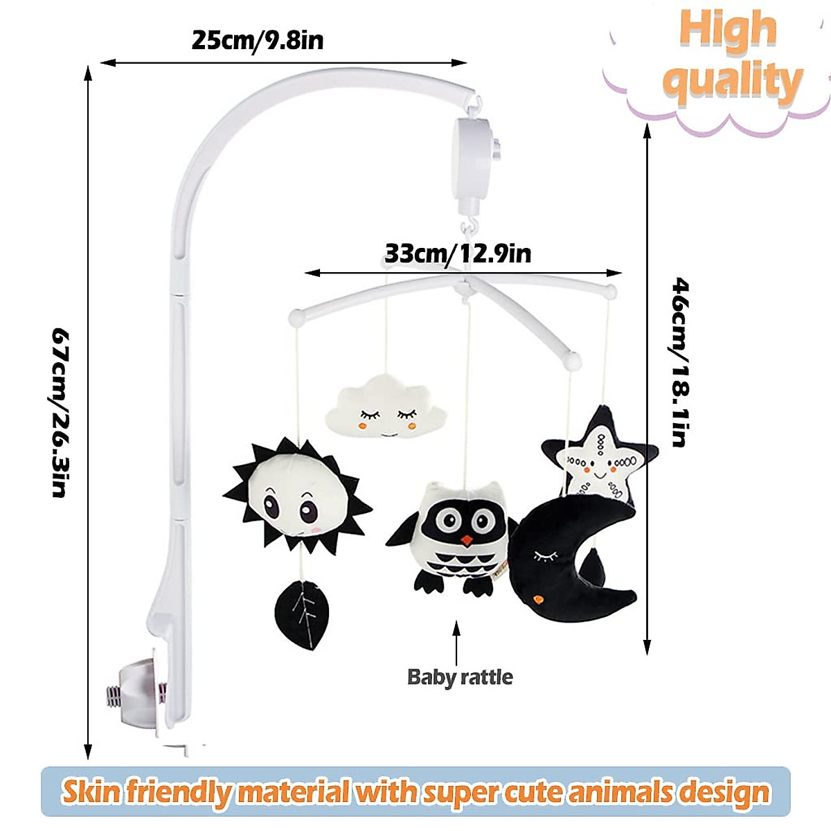 KAKIBLIN Baby Crib Mobile, Mobile for Crib with Hanging Rotating Toys, Nursery Mobile for Newborns with Music Box, Black and White Mobile for Baby Girls & Boys 0-24 Months,Owl