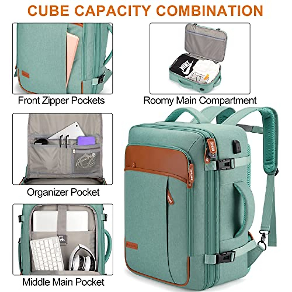 Carry on Backpack, Extra Large 40L Flight Approved Travel Backpack for Men & Women,Expandable Large Suitcase Backpacks With 4 Packing Cubes,Water Resistant Luggage Daypack Business Weekender Bag,Green