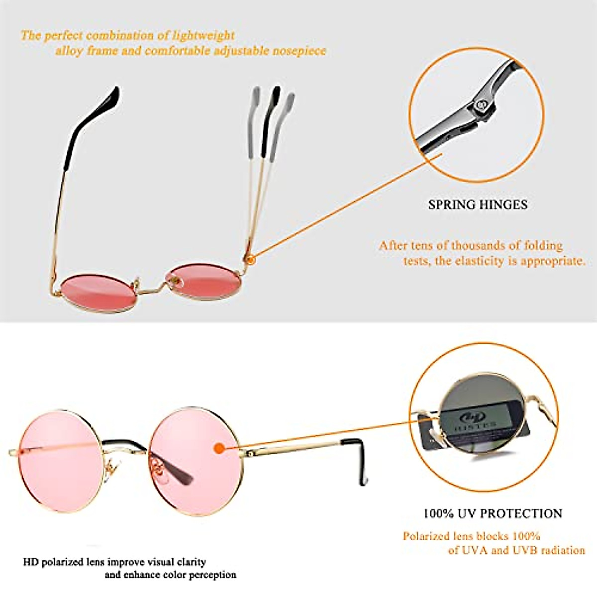 HJSTES Round Polarized Sunglasses Womens Men Retro Circle Lennon Glasses Hippie Shades(Gold/Pink)