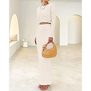 BTFBM Women's Fashion 2 Piece Outfits 2023 Fall Winter Long Sleeve Bodycon Pullover Tops Ruched Mermaid Maxi Skirt Set(Solid Beige, Large)