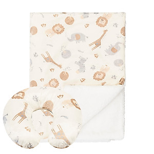 EVERYDAY KIDS Large Safari Soft Baby Boy Blanket with Neck Pillow Micro Mink and Sherpa Warm Baby Travel Blanket 40 x 30” with Newborn to Toddler Size Neck Support Travel Pillow