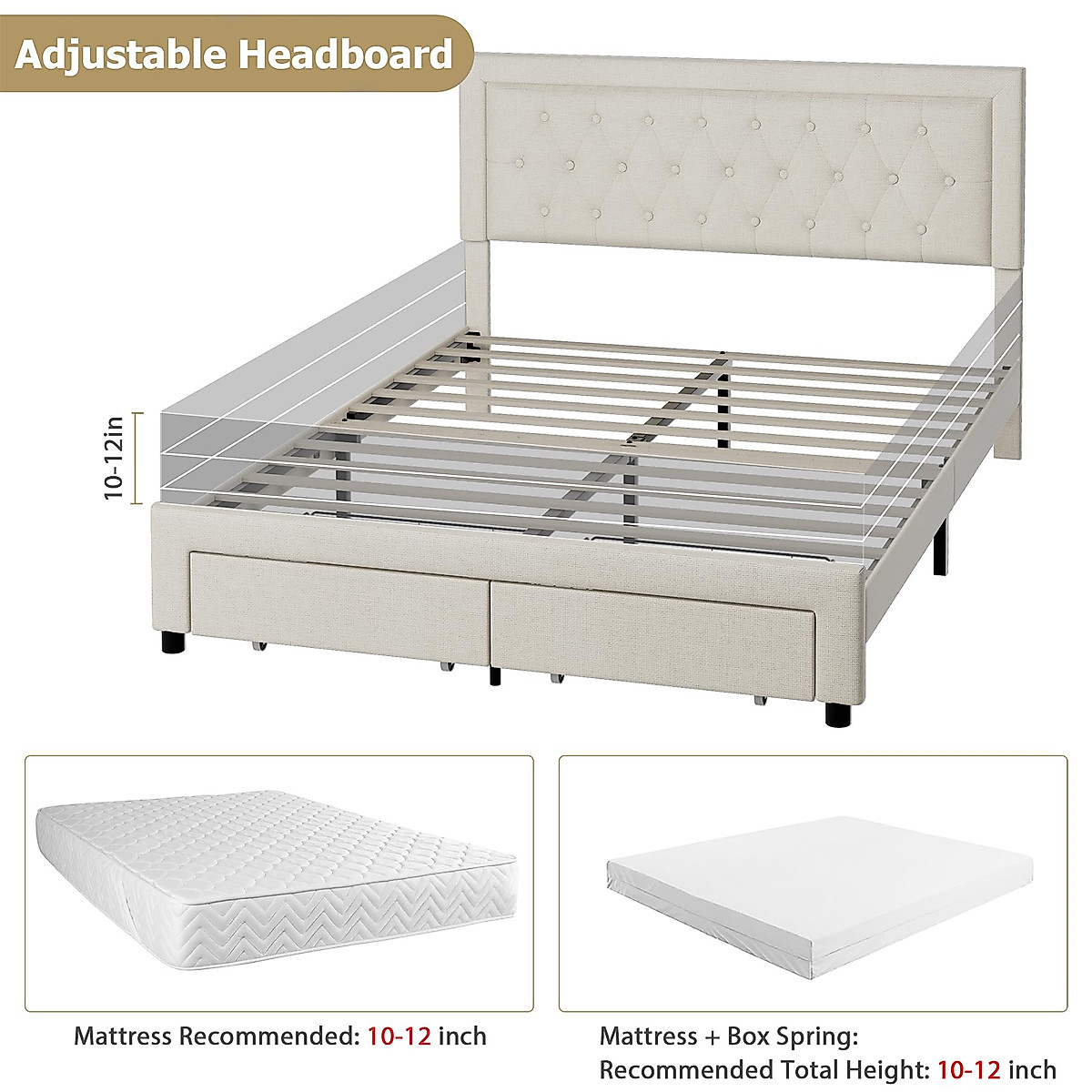 Keyluv Full Bed Frame with 2 Storage Drawers and Adjustable Headboard, High-End Fabric Platform Bed with Button Tufted, Wooden Slats No Box Spring Needed/Easy Assembly, Beige