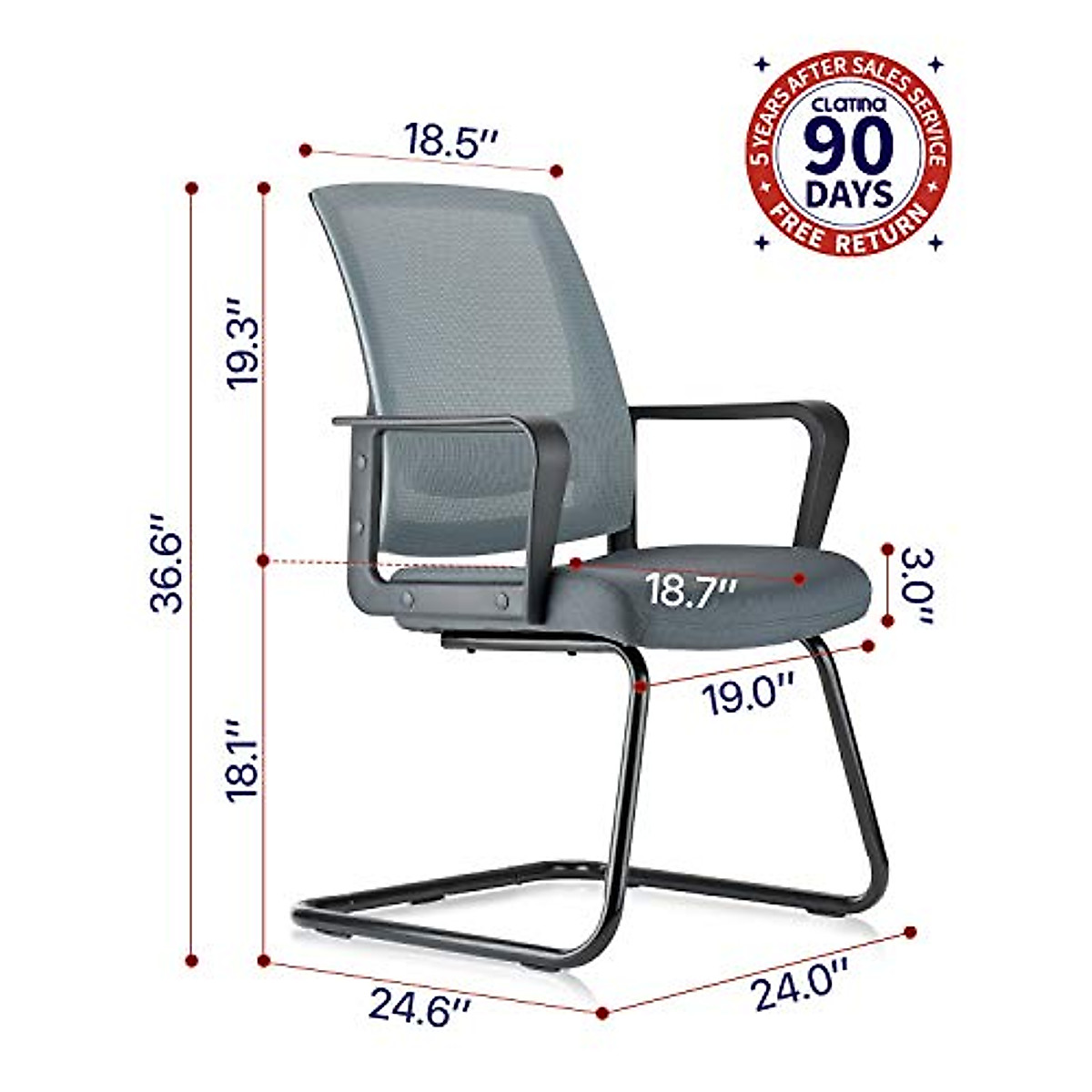 CLATINA Office Guest Chair with Lumbar Support and Mid Back Mesh Space Air Grid Series for Reception Conference Room Gray
