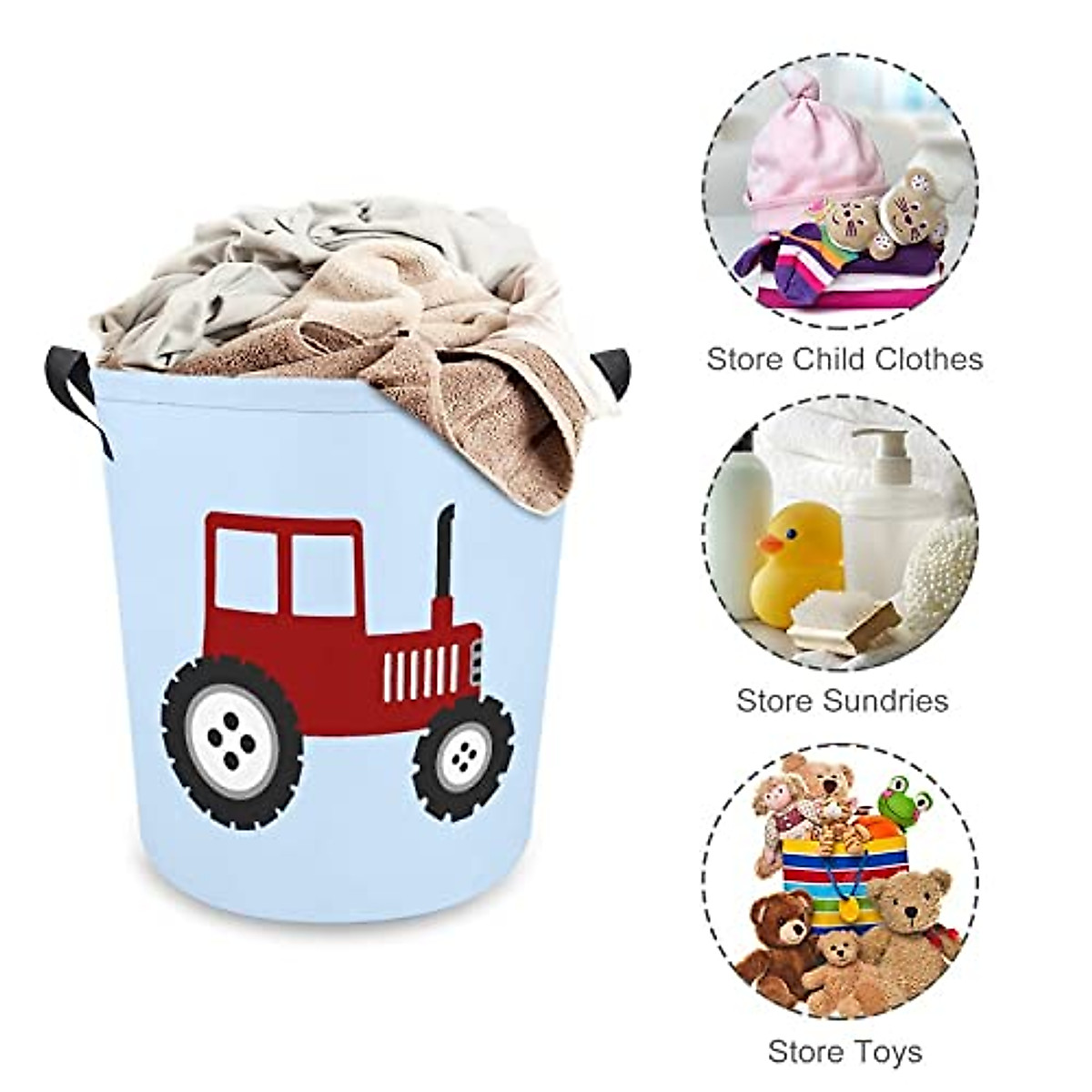 Red Tractor Foldable Laundry Basket Waterproof Hamper Storage Bin Bag with Handle 16.5"x 16.5"x 17"