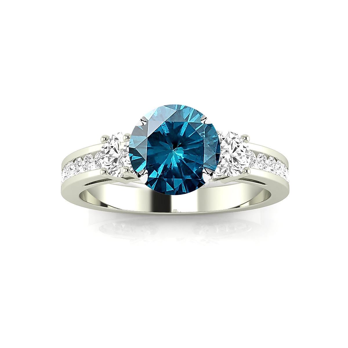 14K White Gold Channel Set 3 Three Stone Diamond Engagement Ring with a 0.75 Carat Blue Diamond Heirloom Quality Center