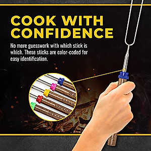 CORQUE Marshmallow Roasting Sticks, Smores Sticks, Extendable, Camping Skewer for Fire Pit, Wooden Handle, 32inch Metal for BBQ Hotdog, Cooking, Campfires, Bonfires, Set of 5