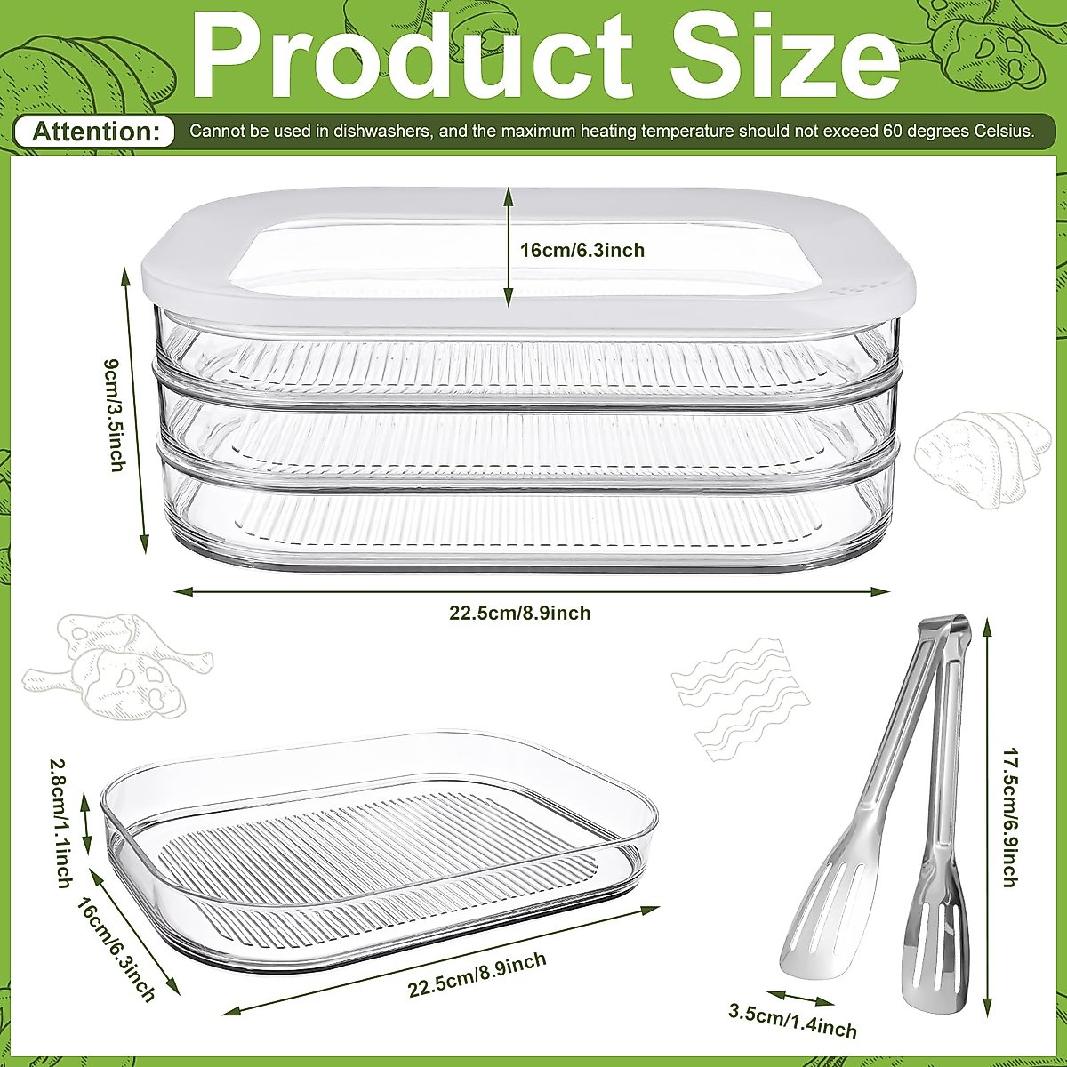 JolliKids 2 Pack Deli Meat Container for Fridge, Organizer Bacon Containers for Refrigerator, Stackable Food Storage Boxes with Lids and Food Tongs for Lunchmeat, Cold Cuts, Salami, BPA Free