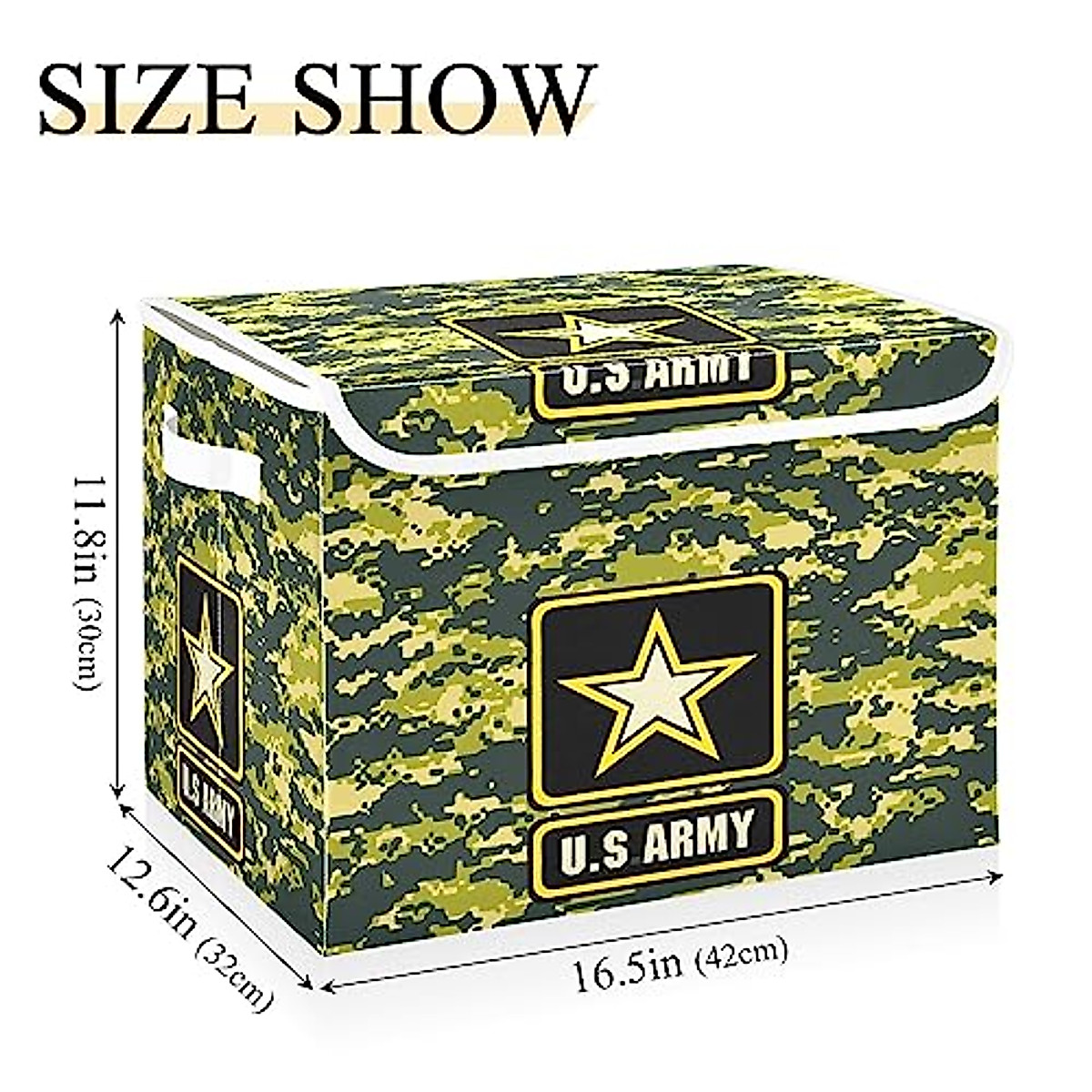 Ollabaky Dark Green Army Camo Larger Collapsible Storage Bin Fabric Decorative Storage Box Cube Organizer Container Baskets with Lid Handles for Closet Organization, Shelves
