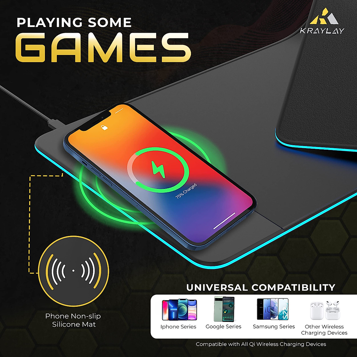 Kraylay XXL RGB Gaming Mouse Pad with Wireless Charger, 11 Colors LED Mouse Mat with 10W Fast Charging, Non Slip Extended Big Mousepad, Black Gaming Mouse pad for Laptop, PC, Office, and Gaming