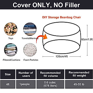 LCYFBE Bean Bag Chairs, 4ft Giant Bean Bag Chair for Adults, Big Bean Bag Cover Comfy Large Bean Bag Bed (No Filler, Cover only) Fluffy Lazy Sofa (Dark Grey)