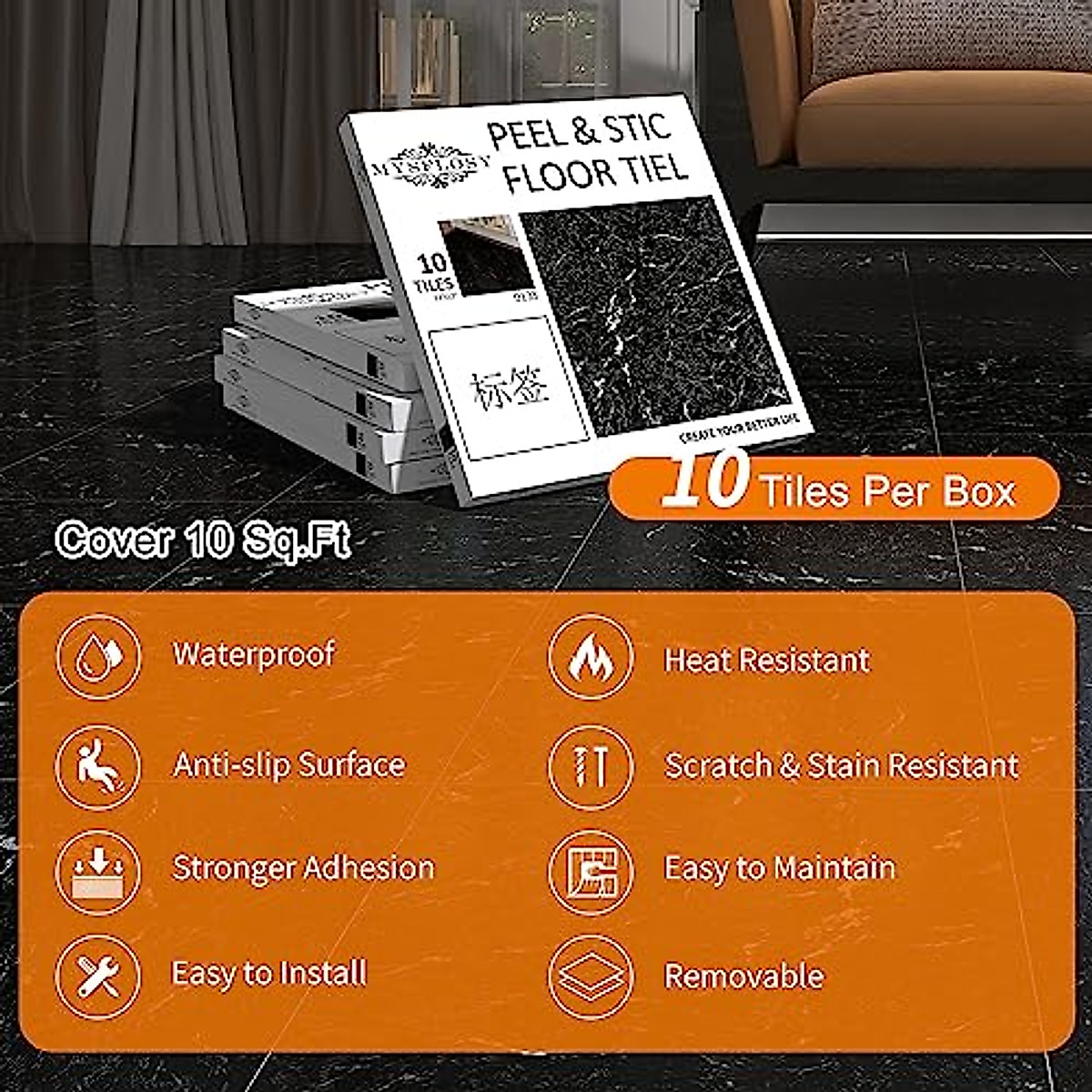 Mysflosy Peel and Stick Floor Tiles, Self Adhesive Waterproof Vinyl Flooring, 12''x12'' Dark Jade Black DIY Floor Sticker for Kitchen, Bathrooms & Bedroom, 1.5mm Thickness, 10 Tiles