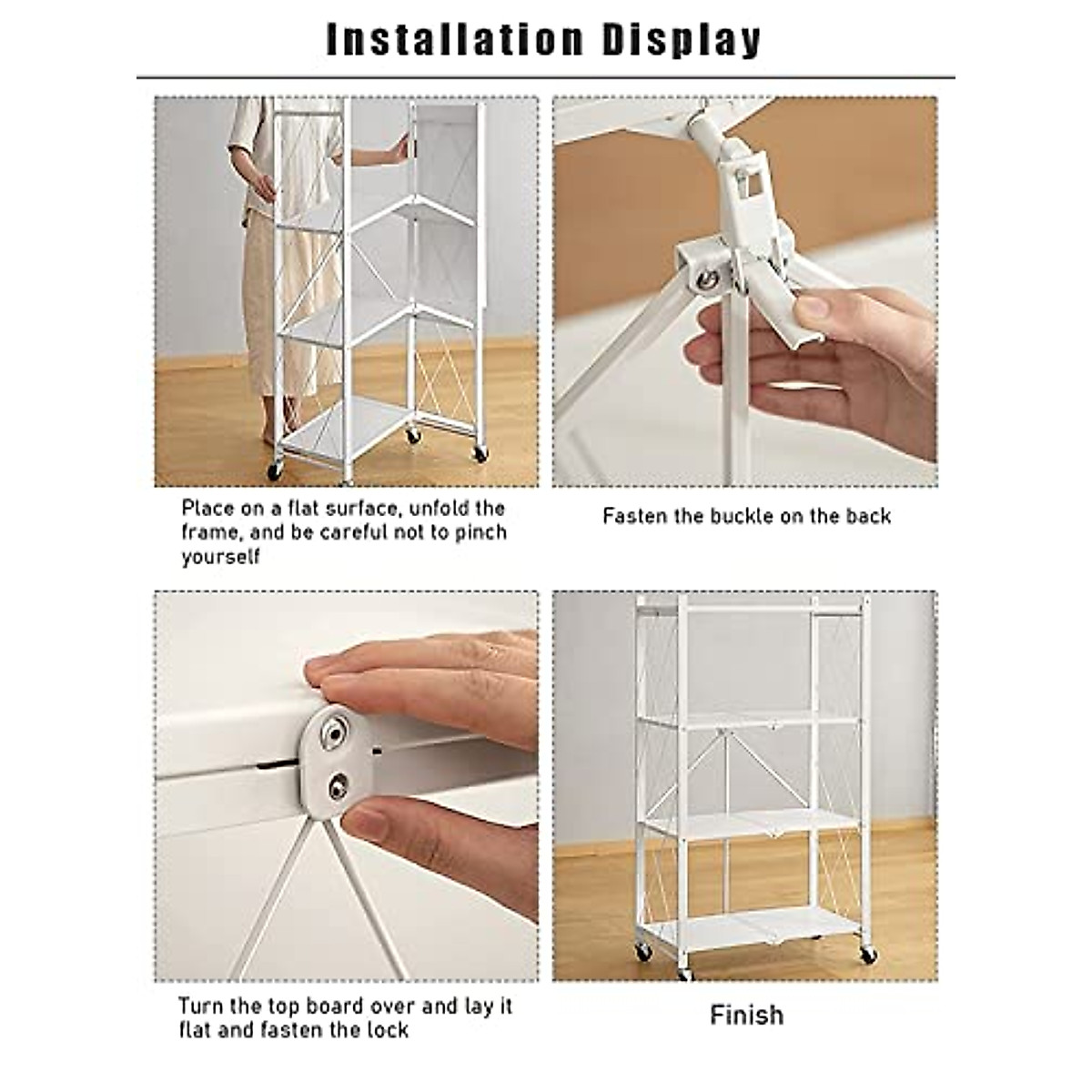 4 Tier Foldable Shelving Unit, Lanstics Folding Shelves Heavy Duty Storage Shelving with Wheels Metal Shelf Standing Shelves Units for Home Kitchen Living Room
