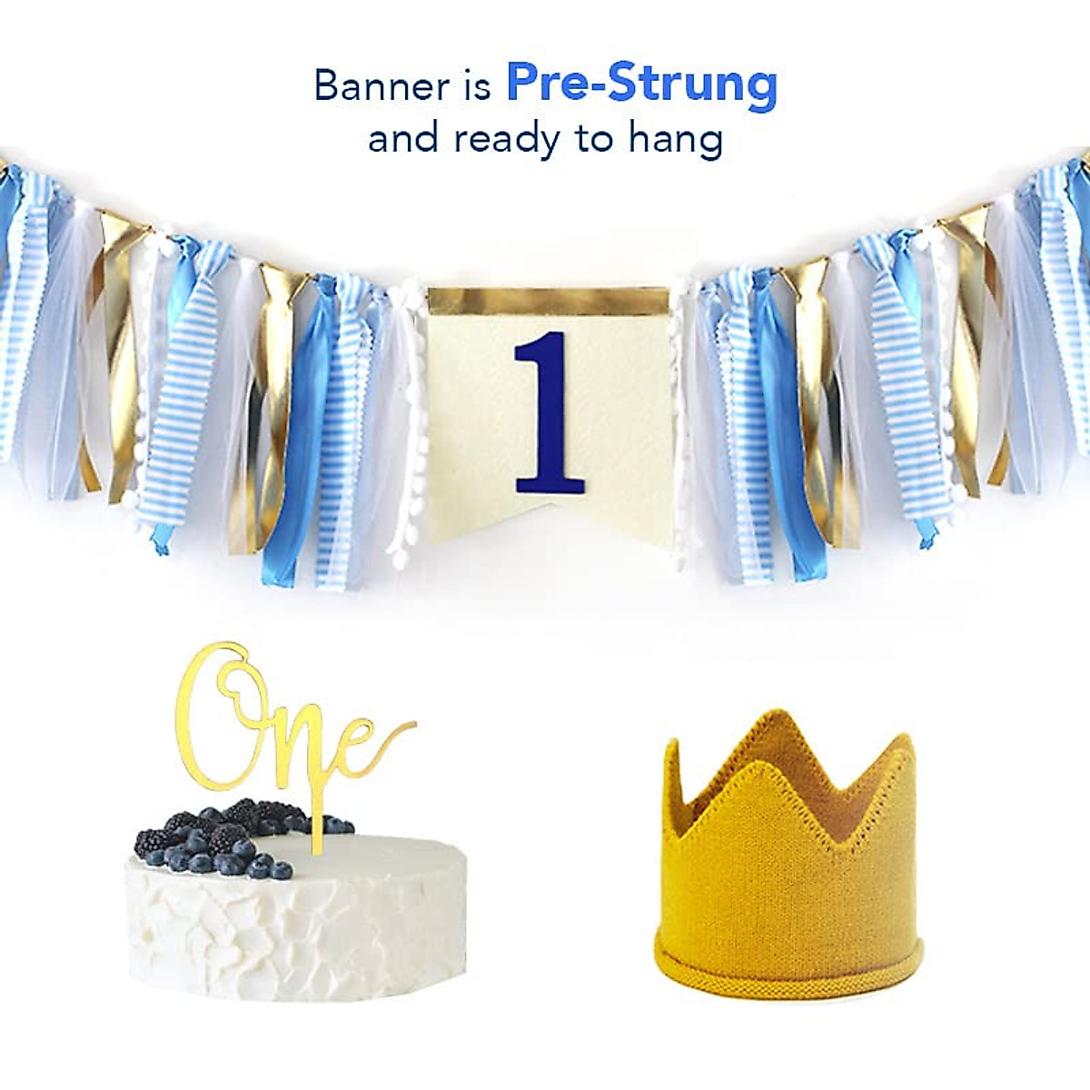 Baby Boy 1st Birthday Party Decorations by innerspark, Blue and Gold set, Ribbon High Chair Banner, Birthday crown hat, Gold Cake Topper