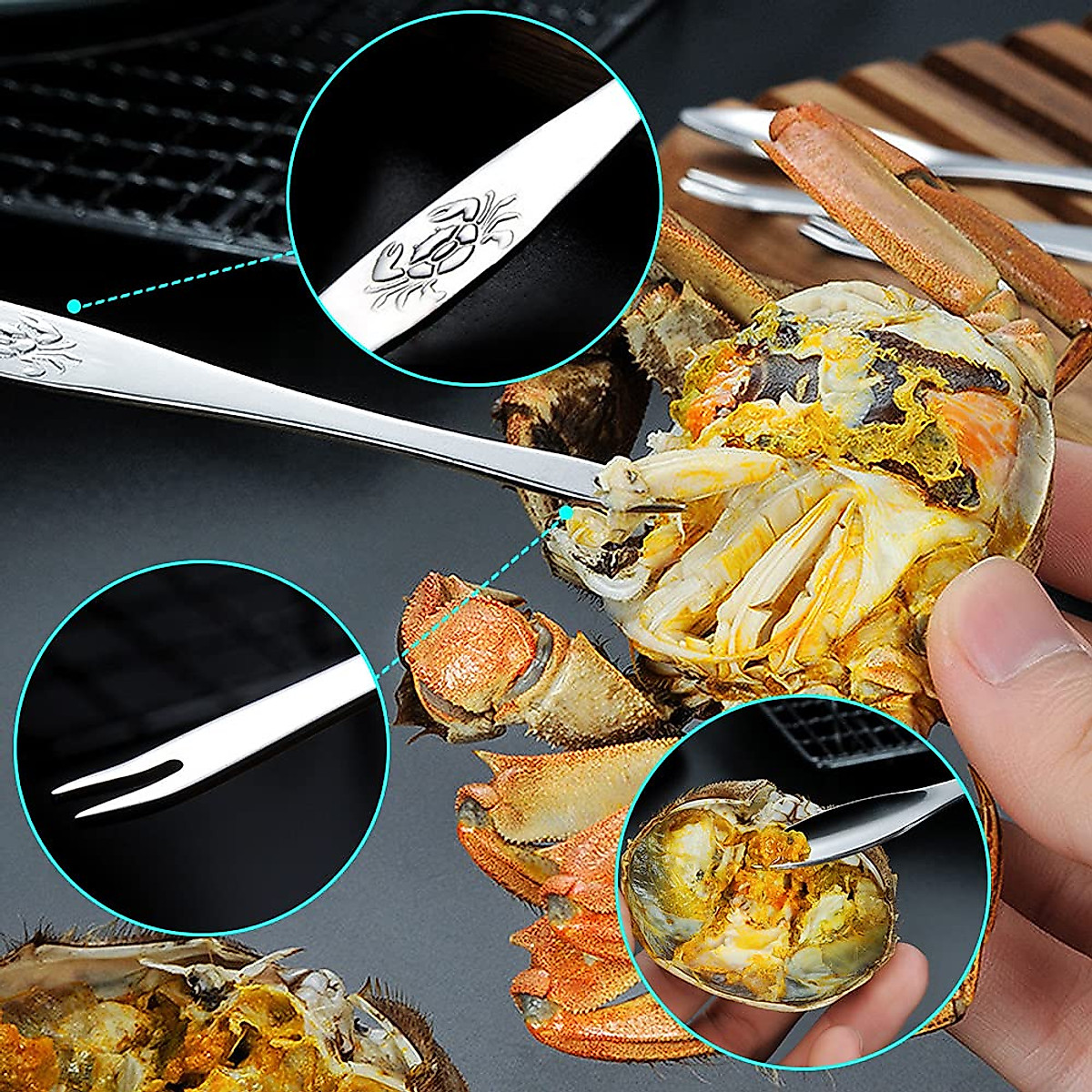 Crab Leg Crackers and Tools, Seafood Tools Set and Picks Set includes 2 Crab Crackers, 2 Lobster Shell Forks, 2 Crab Leg Forks, 2 Seafood Scissors and 1 Storage Bag
