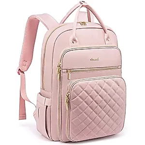 LOVEVOOK Laptop Backpack for Women, 15.6 Inch Computer Backpack for Teacher Nurse with Water Resistant, Lightweight Travel Work Backpack with USB Charging Port, Quilted Commuter Backpack purse, Pink