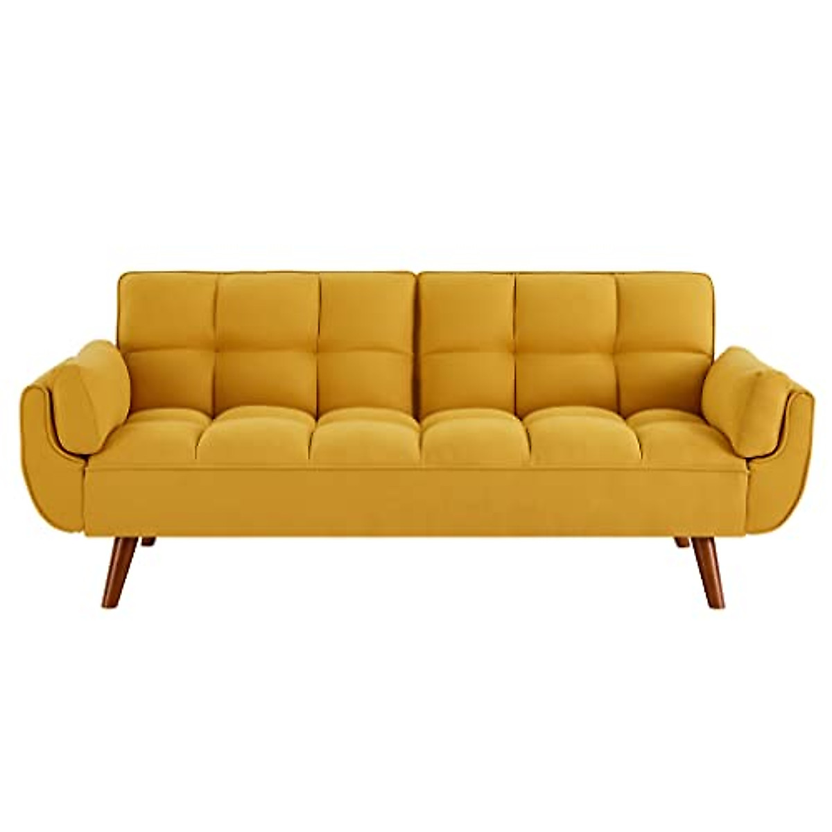Verfur Futon Sofa Bed Modern Linen Fabric Couch Convertible Folding Recliner Loveseat for Living Room with 2 Arm Pillows and Strudy Wood Legs, Yellow