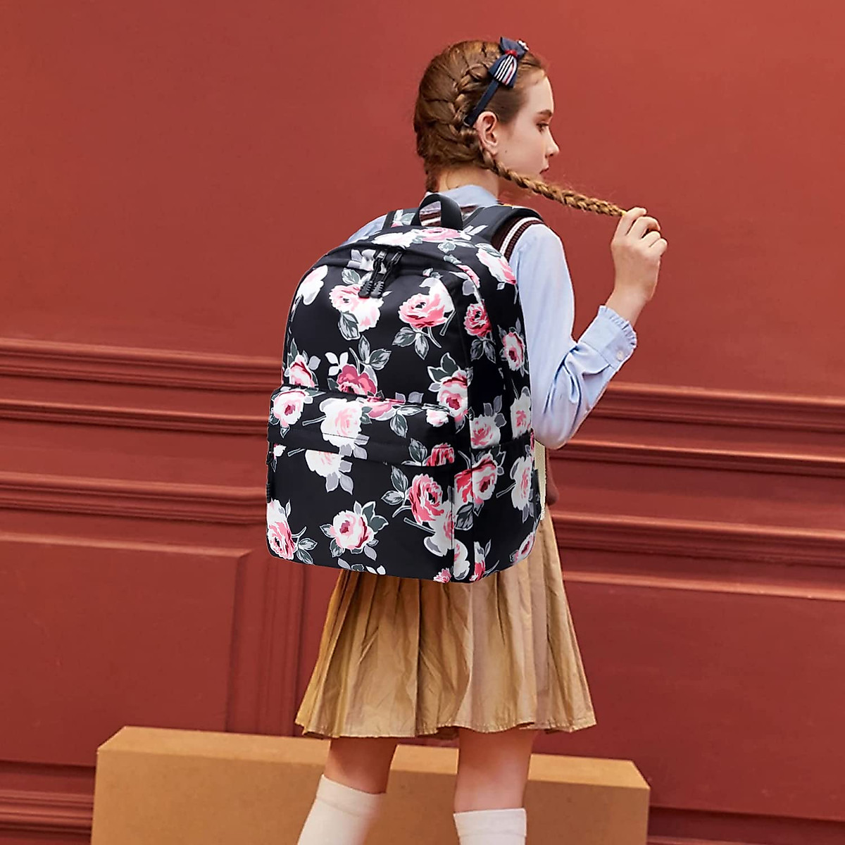 Backpack for Girls, Joyfulife Teen Backpacks Lightweight Kids Bookbags School Backpack with Lunch Box Pencil Case Travel Laptop Backpack Casual Daypacks Floral (Black)