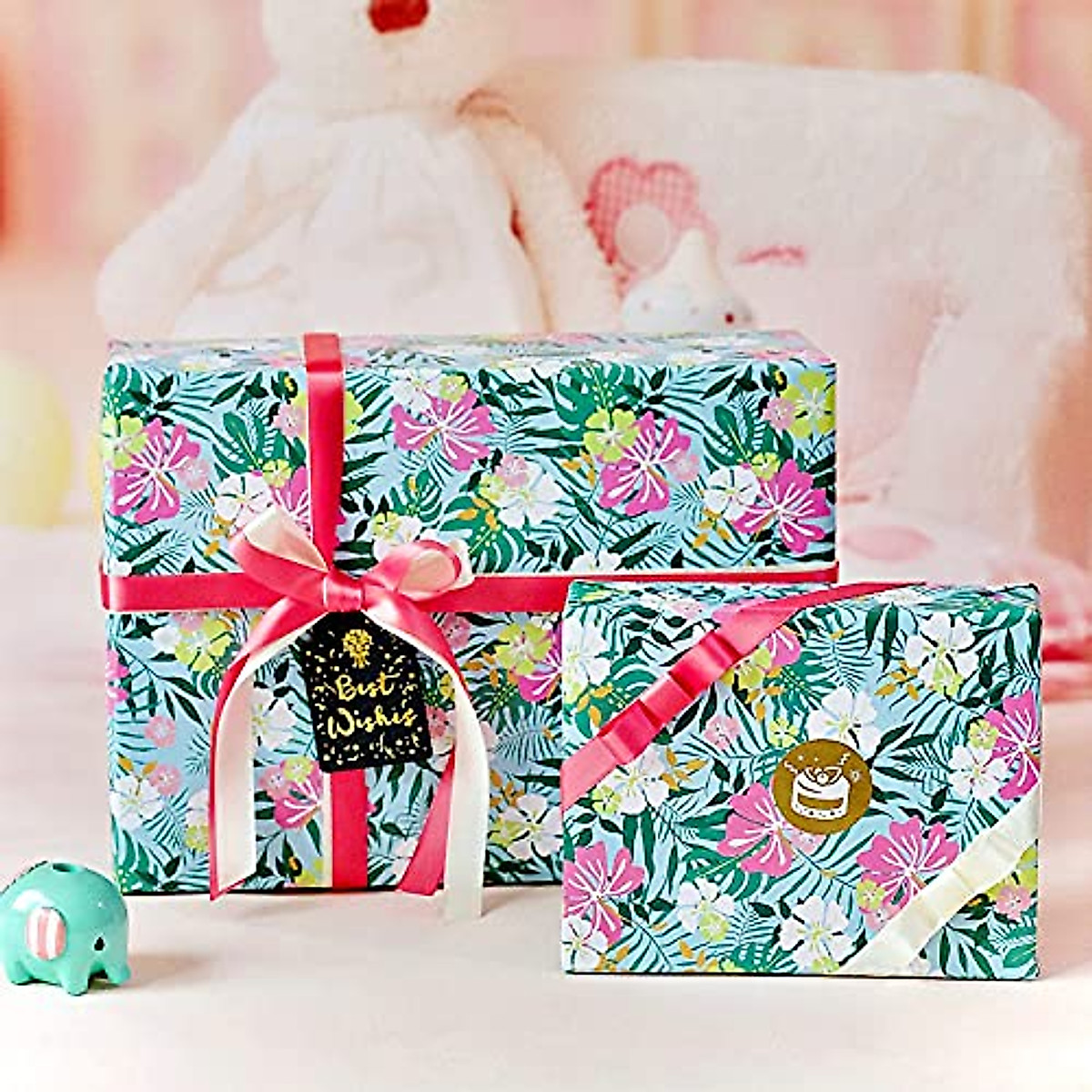 Konsait Flamingo Wrapping Paper, Monstera Palm Leaves Hawaii Safari Jungle Tropical Themed Wrap Paper Sheet for Gift Wrapping, Birthday, Baby Shower, Flowers Party Decoration Craft Supplies 29" x 20"