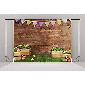 Easter Backdrops for Photography Fabric Backdrop Rustic Grass Ground Colorful Flag Backdrops for Children,Studio,Party Brown Wood Wall Photo Studio Shooting 7x5ft