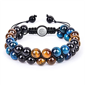 REAPP Triple Protection Bracelet-Natural Tiger Eye Yellow Blue Obsidian Beads Bracelet for Men, 8mm Crystal and Healing Stone Bracelet for Women