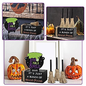 DAZONGE Hocus Pocus Halloween Decorations, 1 Set of Halloween Faux Book Stack, 1 Witches Cauldron Sign & 3 Witch Brooms for Halloween Tiered Tray Decor, Trick or Treat Decor