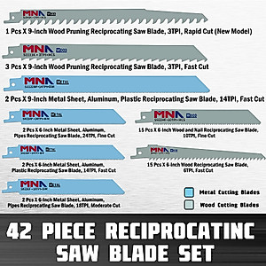 MNA Reciprocating Saw Blade Set 42 Piece, Wood & Metal Cutting, Pruner Sawzall Blade, Household Value Saw Blade Pack with Pouch