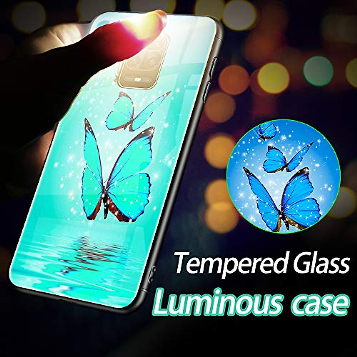 Leton-US Xiaomi Redmi Note 9S/Note 9 Pro Case Silicone Luminous Noctilucent 9H Tempered Glass Back Cover Soft Slim TPU Bumper Shockproof Phone Case Cover for Redmi Note 9S Glow in Dark Meteorite