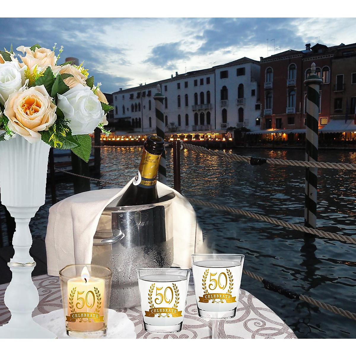 Bisyata 50th Birthday Shot Glass Gift Set for Women Men - 50 Birthday Party Decoration - 50th Gold Anniversary Table Decoration or Gift - 2oz Set of 6 - With Gift Box