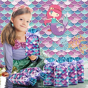 Pasimy 50 Pcs Mermaid Party Favor Bags 6x9 Inch Mermaid Scales Plastic Favor Bags Under the Sea Goodie Candy Bags Plastic Drawstring Bags Mermaid Birthday Bags for Girl Mermaid Party Supplies