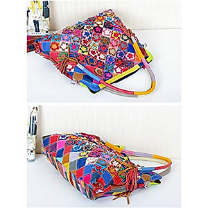 Downupdown Women Handbags Genuine Leather Tote Bag 3D-Flower Shoulder Bag Multicolor Splice Totes Satchel Purse with Tassels