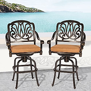 MEETWARM 2 Piece Outdoor Patio Swivel Bar Stools, All-Weather Cast Aluminum Bar Height Bistro Chairs, Outdoor Furniture Bar Dining Chair Set with Cushions for Garden Deck Backyard, Dark Bronze