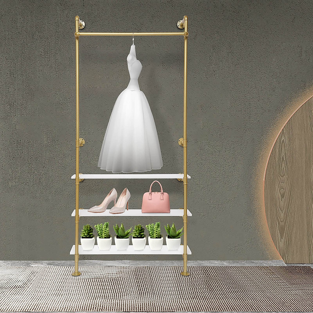 HYYKJ-US 3 Layer Shelves Wall Mounted Clothes Rail Shelf Multifunctional Garment Rack Towel Rack Vintage Clothes Rack Clothing Organizer for Retail Entryway Bedroom Balcony Indoor Use Home Decor Gold