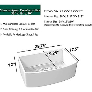 Farmhouse Sink 30 Inch, Mocoloo Curved White Farmhouse Sink Arched Edge Apron Sink Fireclay Single Bowl Farm Sink Large Deep Bowl Kitchen Sink 30x19x10 with Custom Bottom Grid & Kitchen Sink Strainer