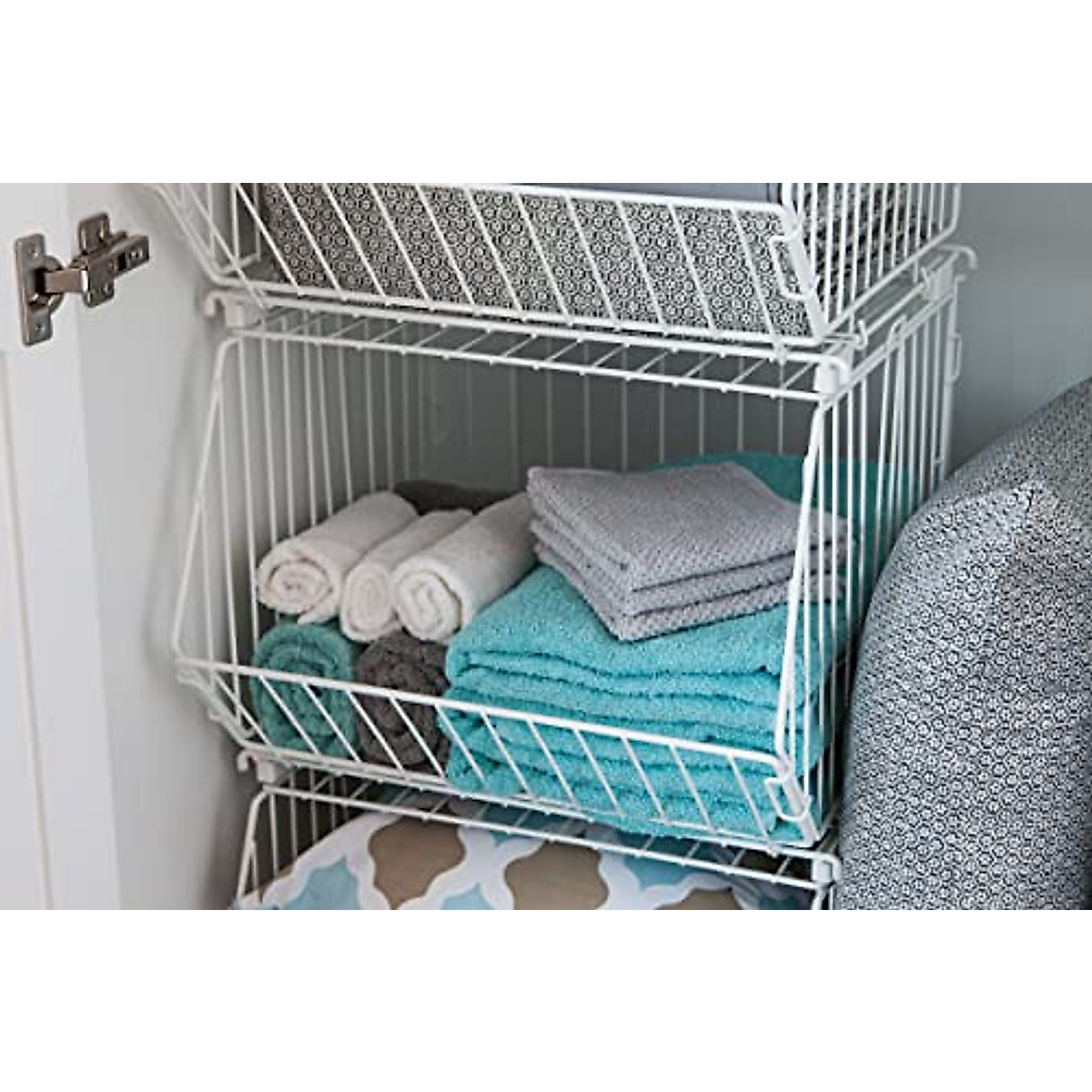 IRIS USA 17" Modular Wire Stacking Storage Basket, Great Storage for Linens, Groceries, Toys, Books, and More, Stackable, Easy Assemble, Multipurpose Home Organizer, White