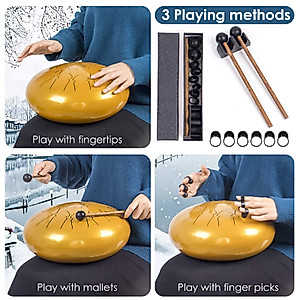Steel Tongue Drum, lotmusic 13 Notes 12 Inches Percussion Instrument ，Tank Drum - Handpan Drum Kit - Drum Mallets Padded Travel Carry Bag Music Book and Finger Picks for Beginner Adult Kids，C Major