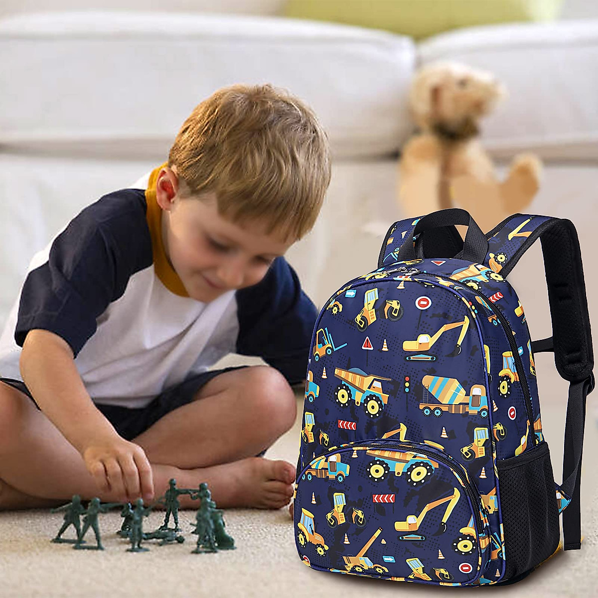 Backpack for Kids Boys Girls Preschool Kindergarten Bookbag Set with Lunch Box Truck Toddler School Bag, navy Blue