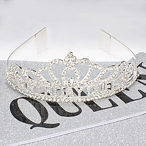 CAVETEE Silver Birthday Crowns for Women Birthday Queen Sash and Tiara for Women Silver Birthday Party Decorations for Women Birthday Sash and Crown for Women