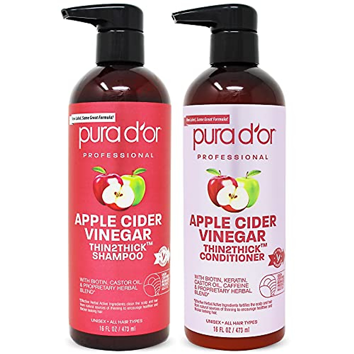 PURA D'OR Apple Cider Vinegar Thin2Thick Set (16oz x 2) ACV Shampoo & Conditioner, Clarifying, Detox - Biotin, Keratin, Caffeine, Castor Oil, Aloe - All Hair Types, Men & Women (Packaging may vary)