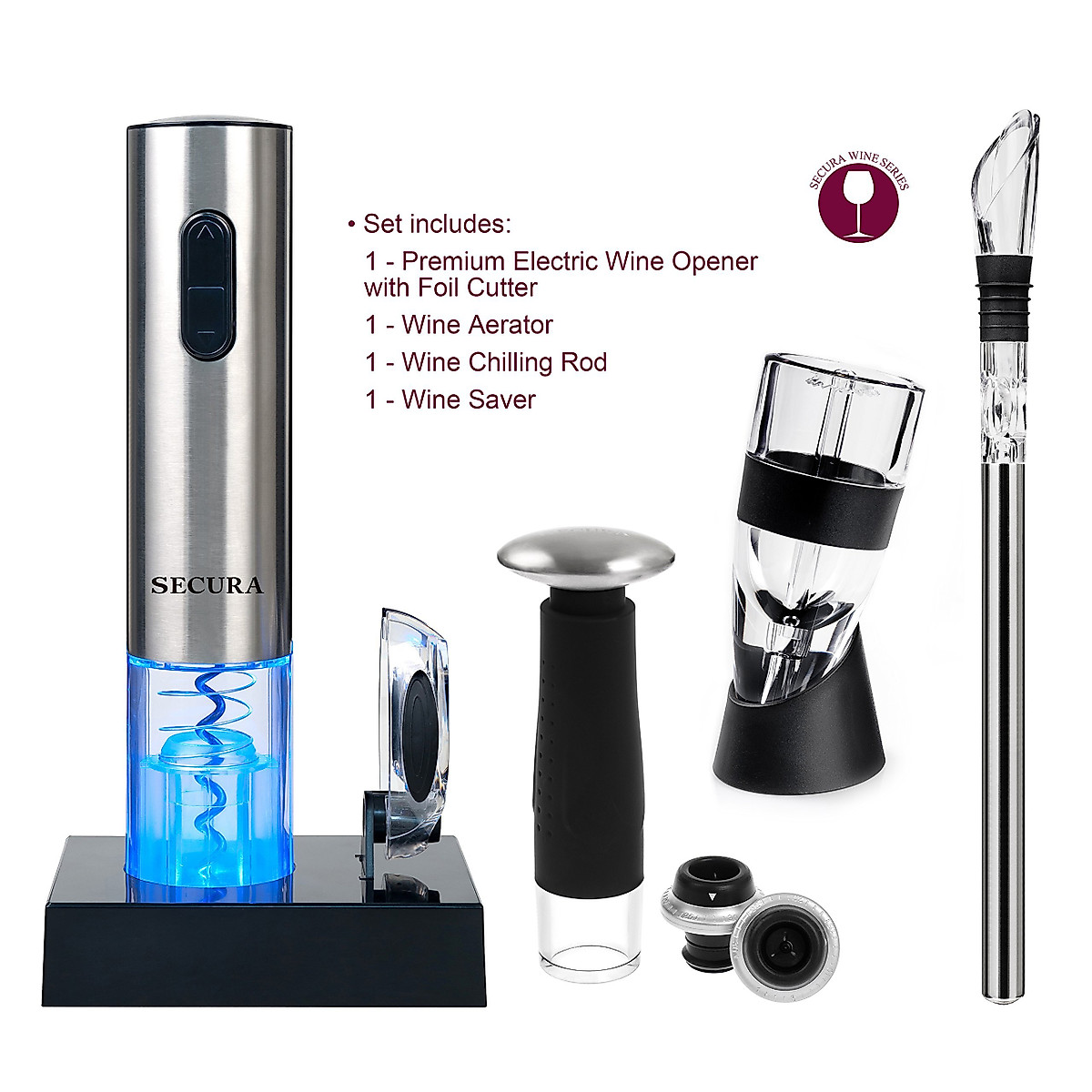 Secura 12-Piece Wine Accessories Set Electric Wine Opener, Wine Foil Cutter, Wine Aerator, Wine Saver Vacuum Pump and 2 Wine Stoppers