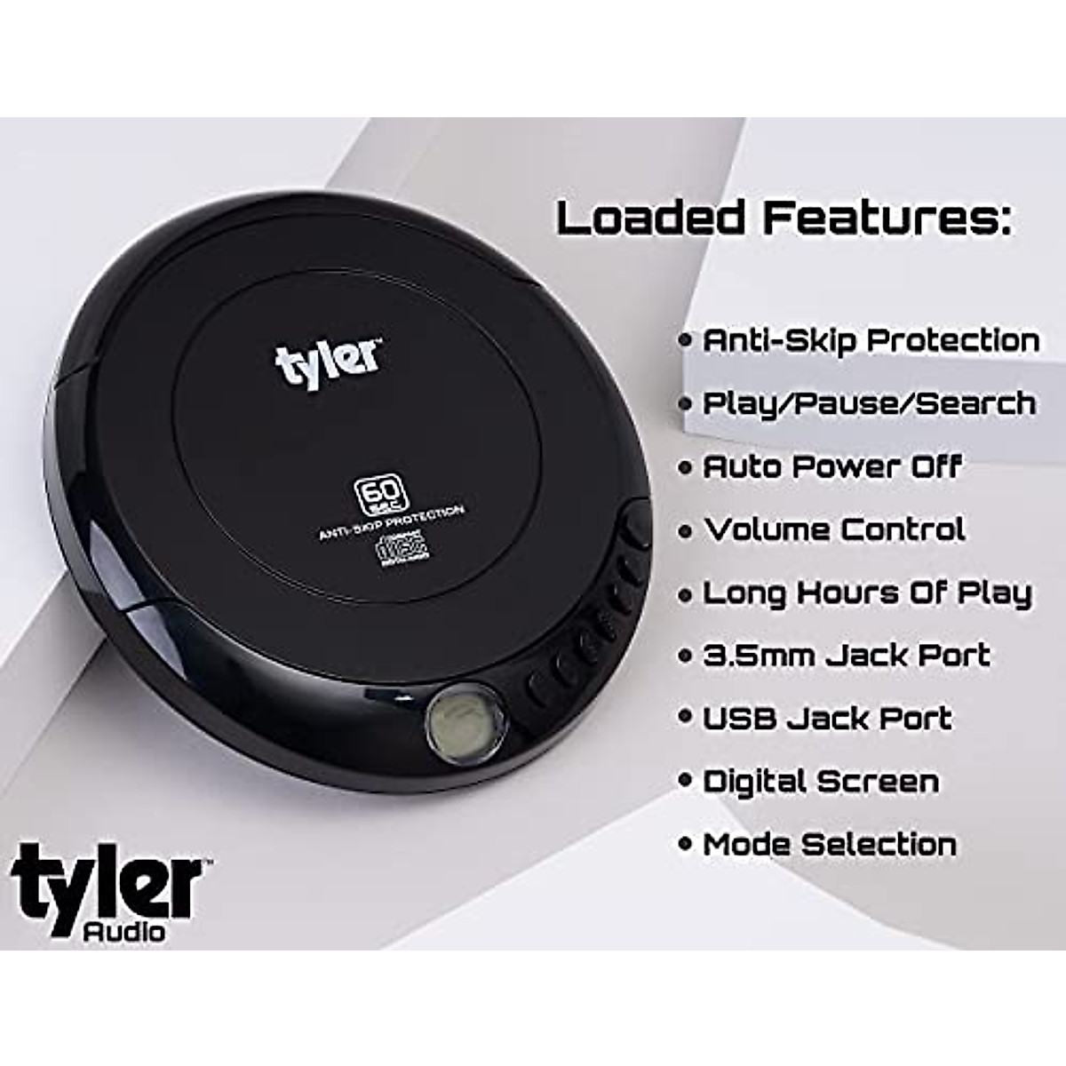 Tyler Portable CD Player Small Handheld Walkman Anti-Skip Shockproof Quality Earbuds Included Great for Kids Car Home Travel Gym USB AUX Output Disc CD-R CD-RW in-Car Compatible Compact & Lightweight
